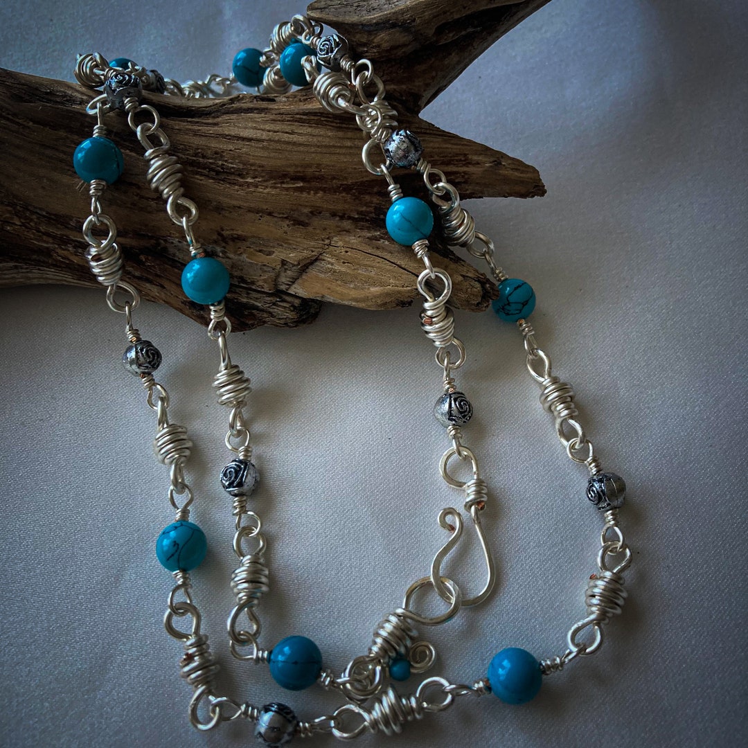 Uniquely Silver Tone Double Wire Wrap Turquoise Necklace, Unisex Wire ...