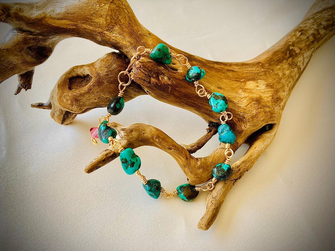 Irregular Stone Raw Turquoise Wire Wrap Bracelet, Free Form Pebble ...