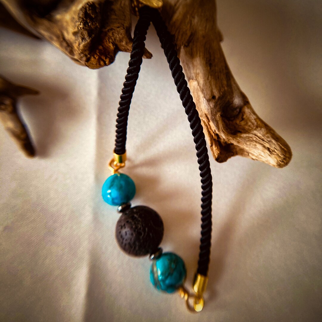 Cyan Turquoise Grade AAA Gemstone and Lava Beads Unisex Bracelet ...