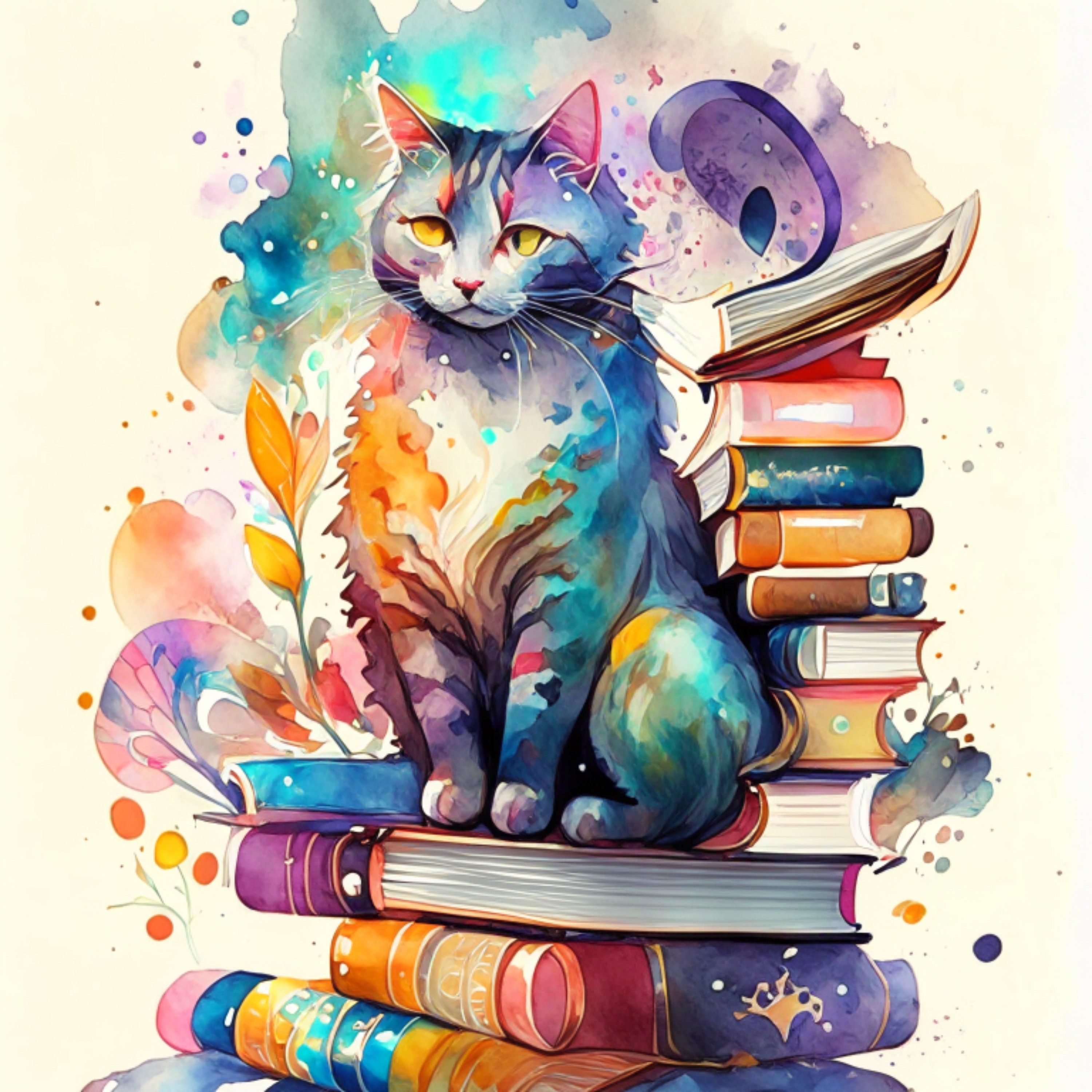 Watercolor Cat & Books Clipart: High-resolution PNG (digital Download ...
