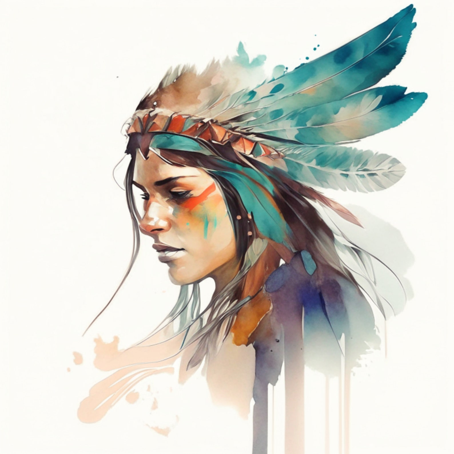 Watercolor Native American Woman Clipart: 300dpi PNG Graphics (instant ...