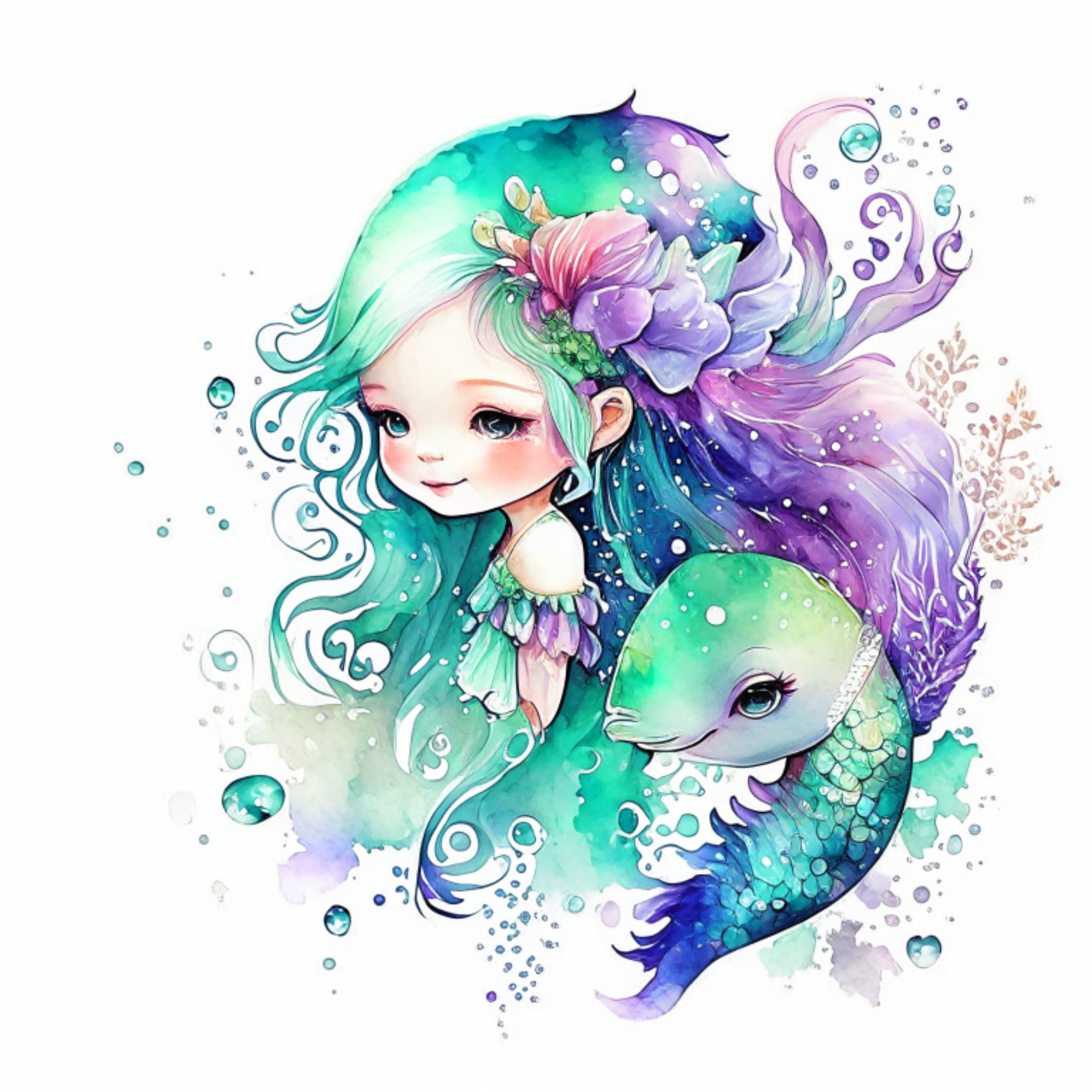 Cute Mermaid Clipart | 300dpi High Resolution | PNG Graphics | Instant ...