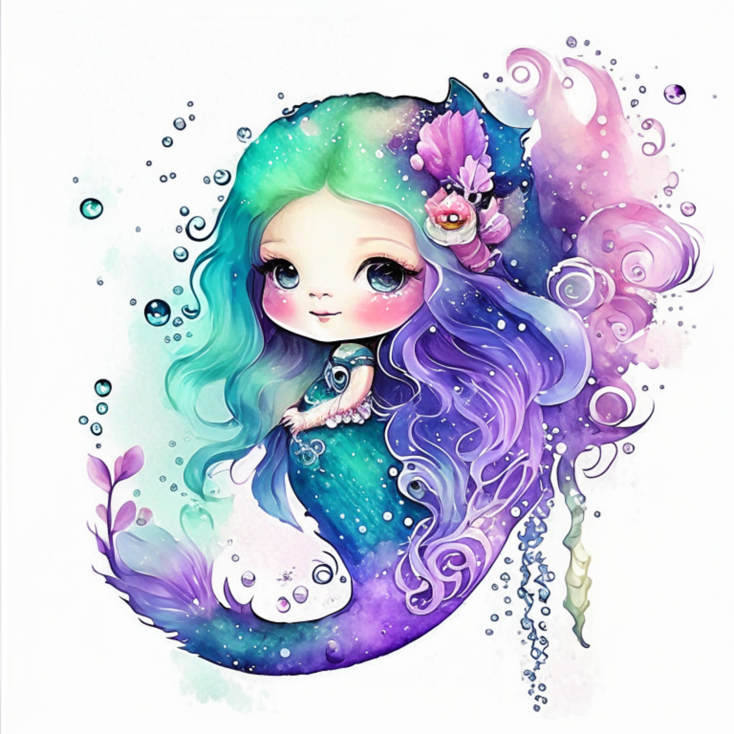 Cute Mermaid Clipart | 300dpi High Resolution | PNG Graphics | Instant ...