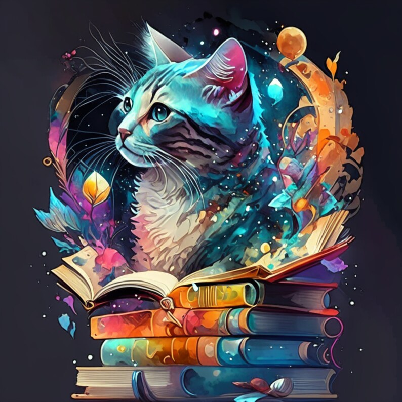 Watercolor Cat & Books Clipart: High-resolution PNG (digital Download ...