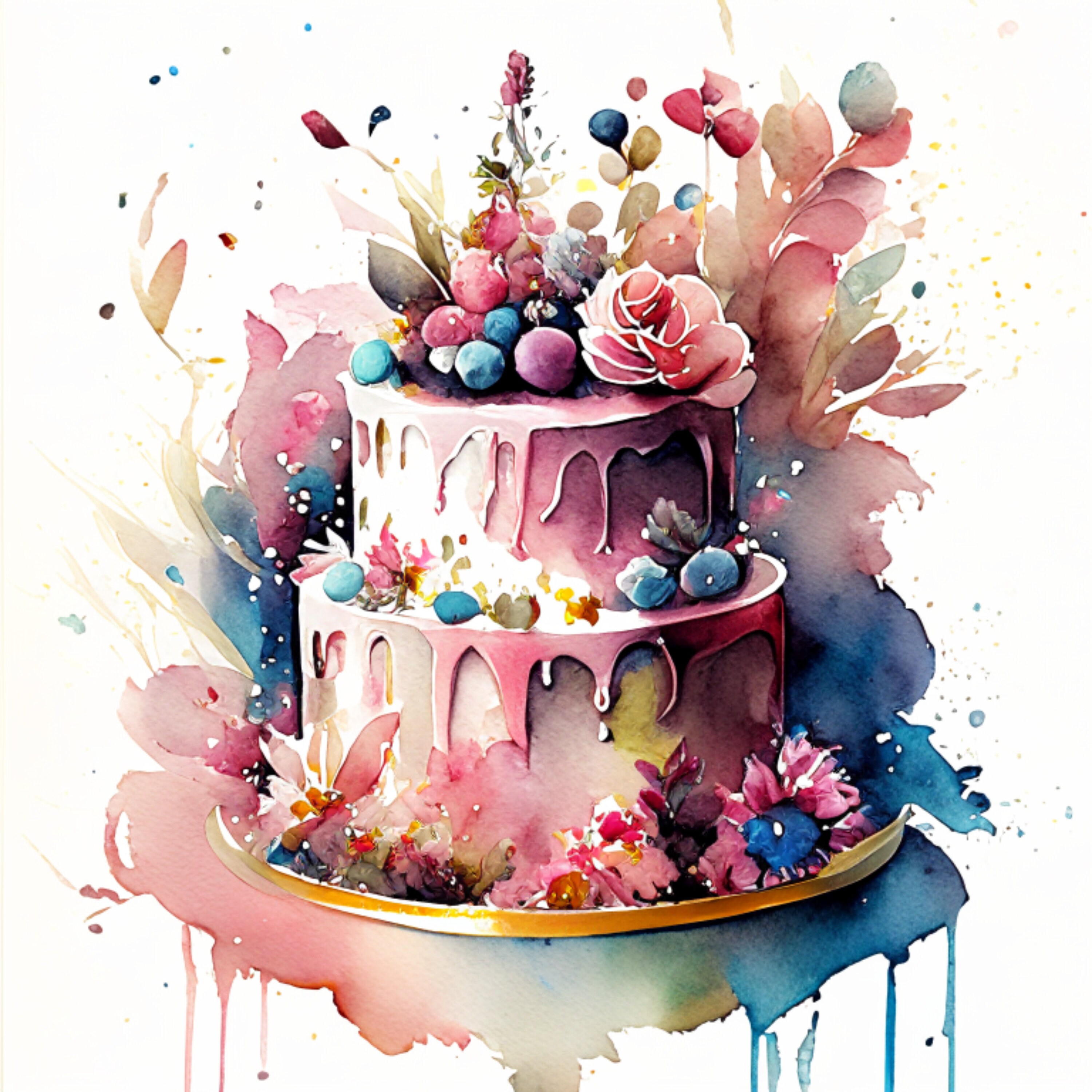 Watercolor Birthday Cake Clipart: High-resolution PNG Graphics (instant ...