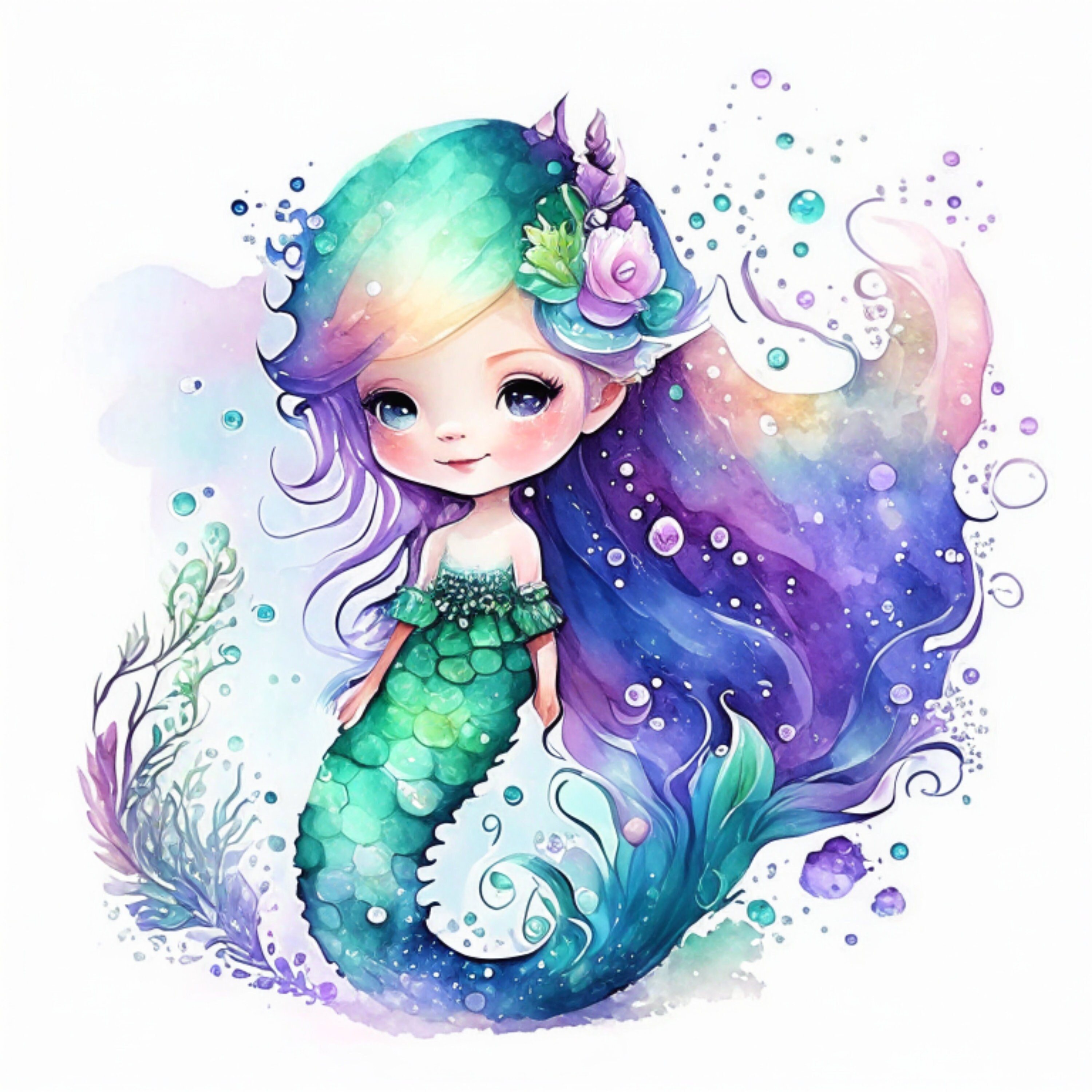 Cute Mermaid Clipart | 300dpi High Resolution | PNG Graphics | Instant ...