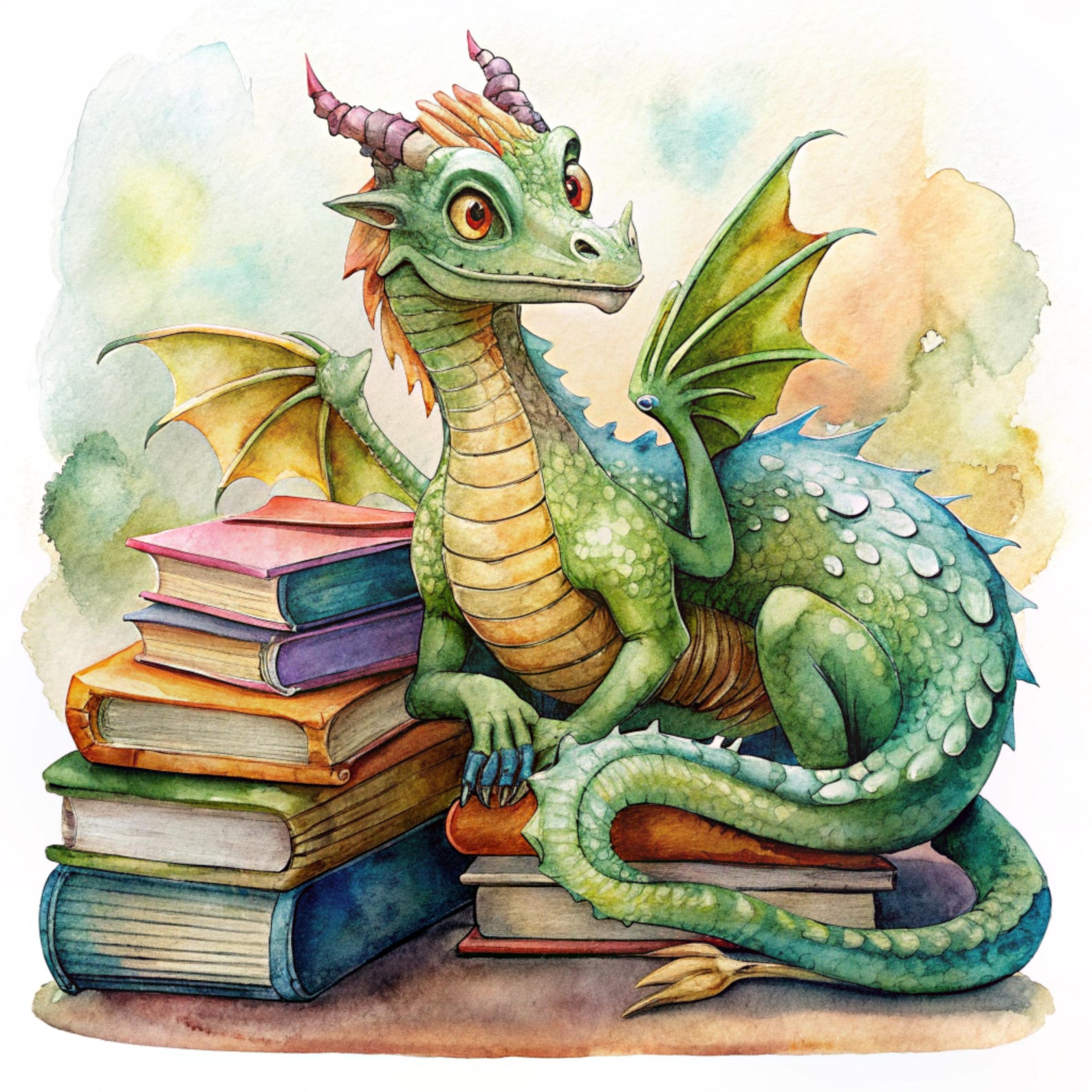 Dragon Guarding Books Clipart: Watercolor PNG Graphics (commercial Use ...