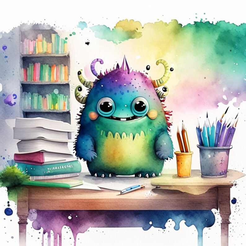 Cute Monster in Classroom Clipart 300dpi PNG Graphics Instant Download ...