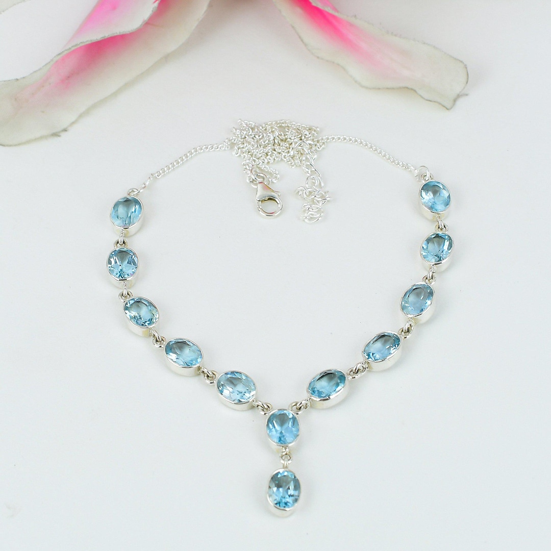 Natural Blue Topaz Necklace: 925 Sterling Silver Chain Adjustable ...