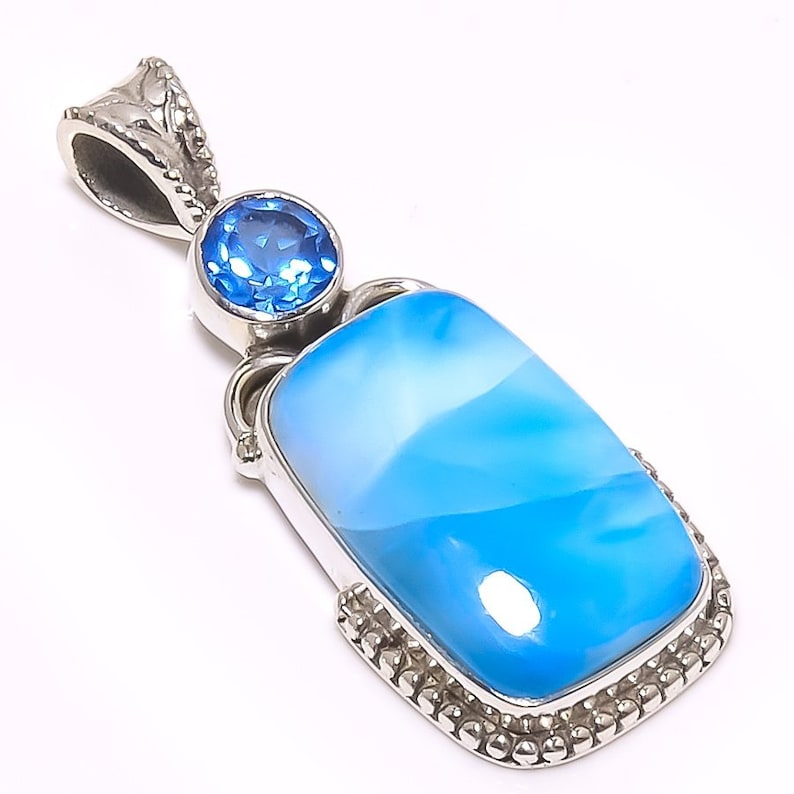 Larimar Gemstone Pendant Necklace, 925 Solid Sterling Silver Two Stone ...