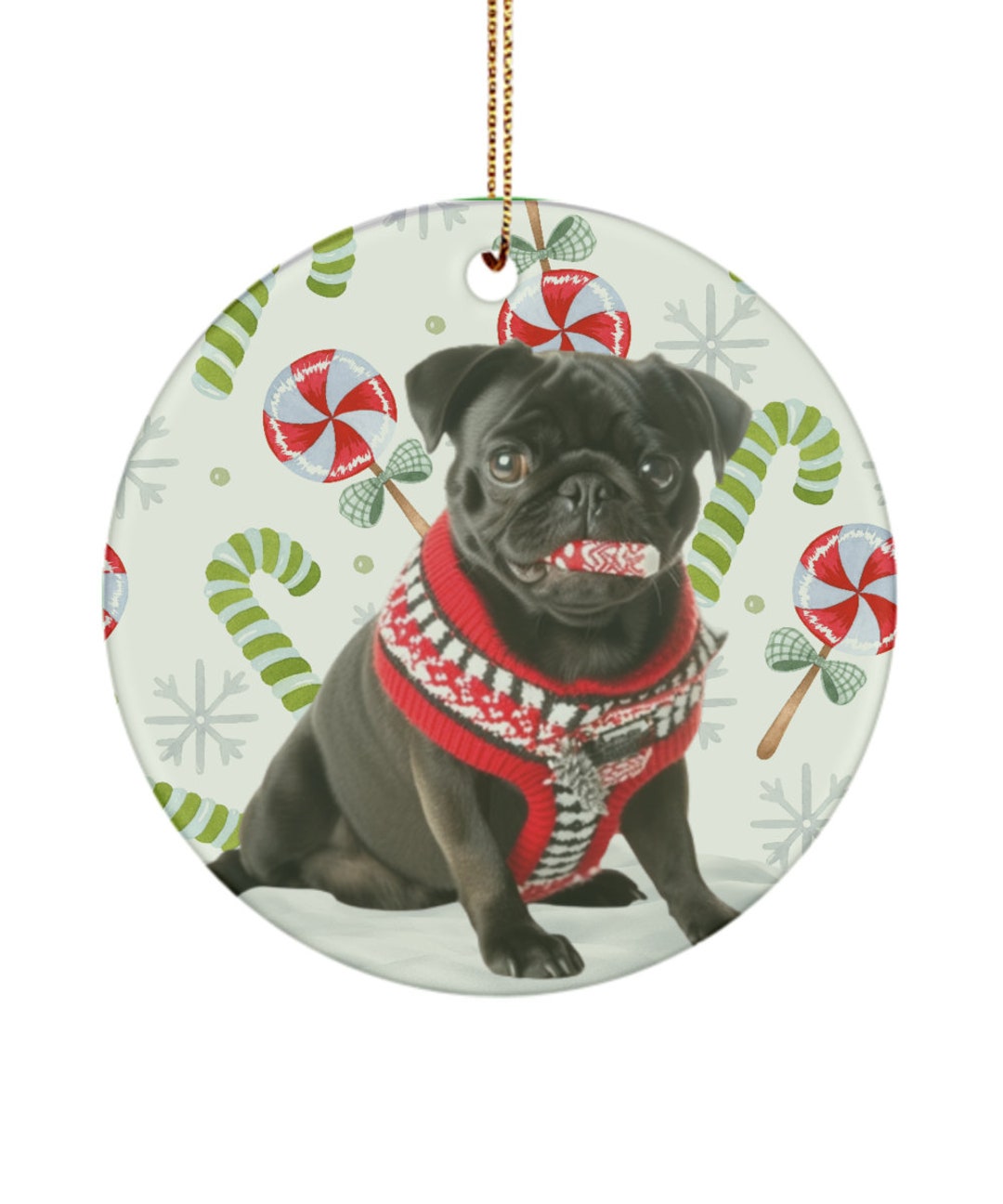 Pug Christmas Ornament, Hanging Ornaments for Christmas Tree, Black Pug ...