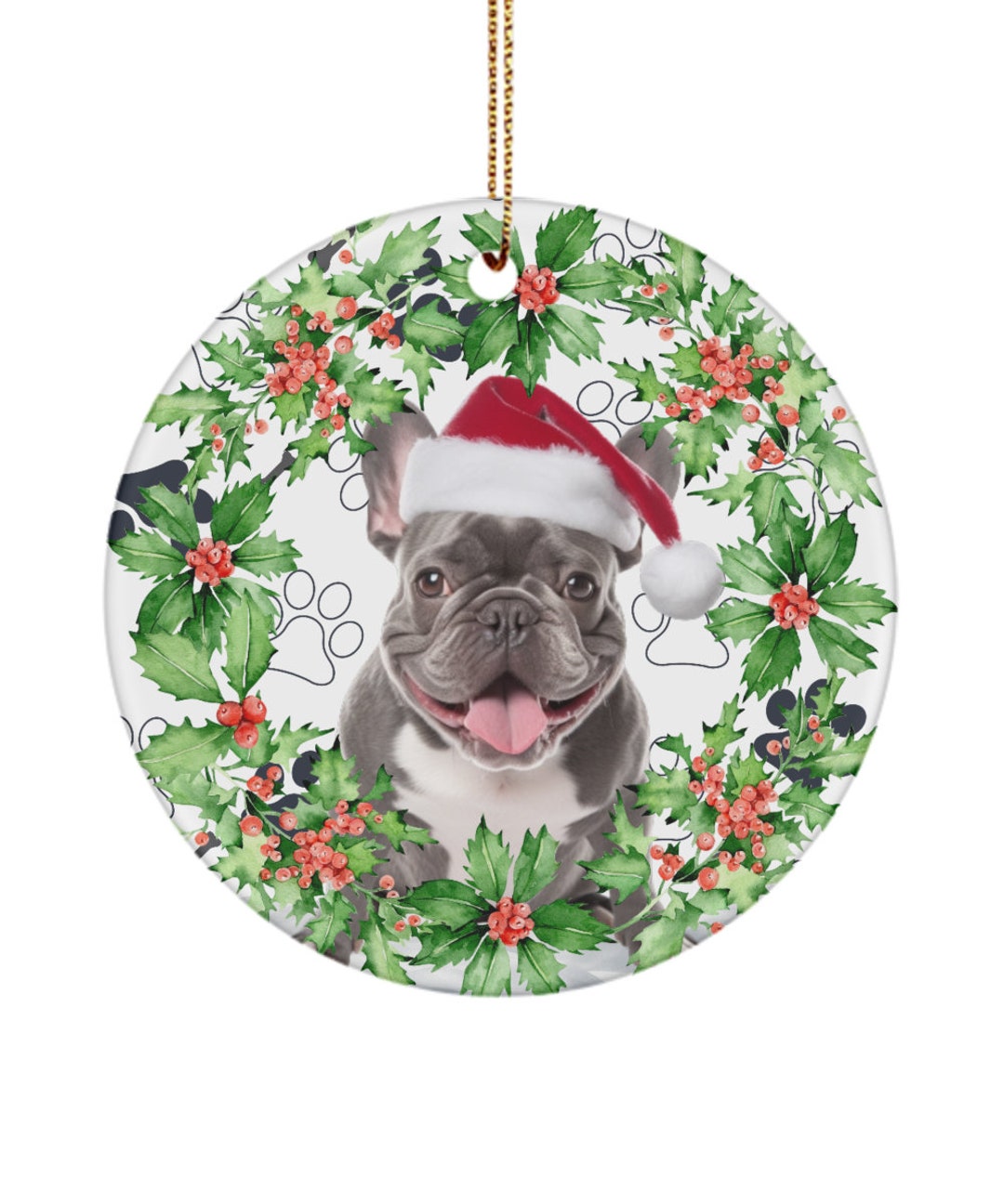 Frenchie Bulldog Christmas Ornament, Hanging Xmas Tree Decor, Grey ...