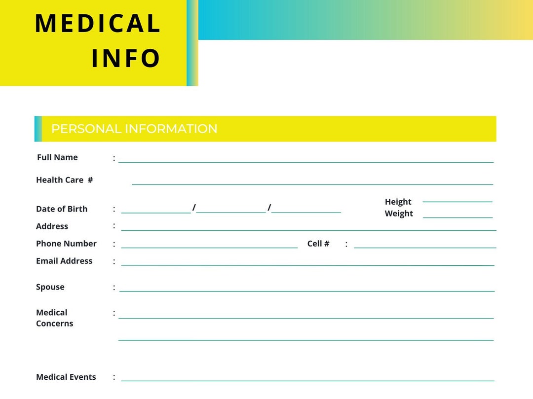 Medical Information Sheet Letter Size Health Info Worksheet - Etsy UK