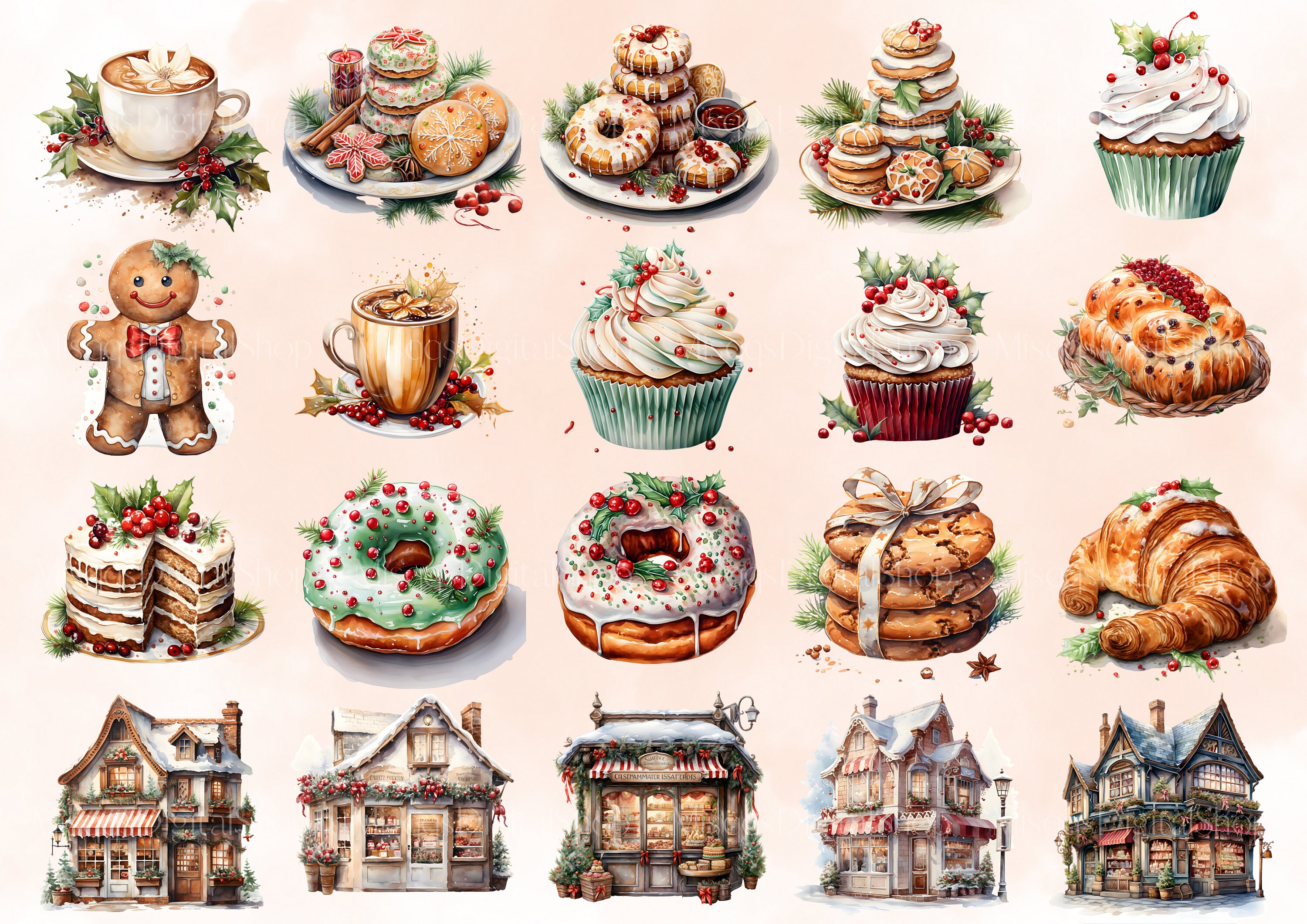 Christmas Bakery Shop Watercolor Clipart Bundle Baking Clipart Bakery ...