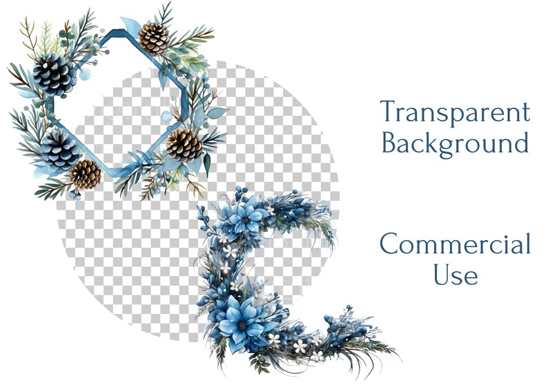 Watercolor Floral Winter Wreath & Frame Hello Winter Wreath Png Blue ...