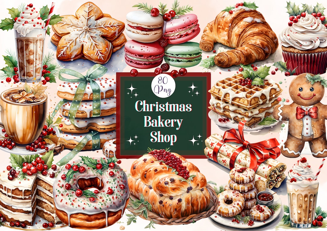 Christmas Bakery Shop Watercolor Clipart Bundle Baking Clipart Bakery ...