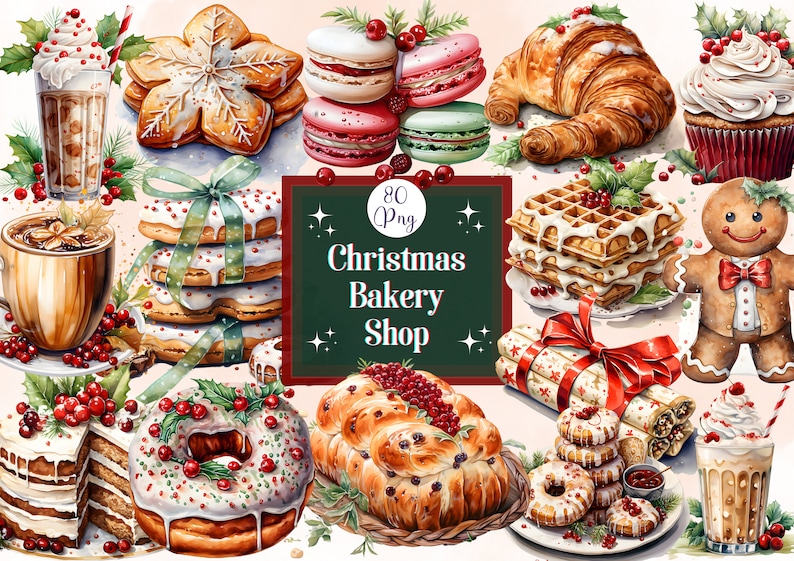 Christmas Bakery Shop Watercolor Clipart Bundle Baking Clipart Bakery ...