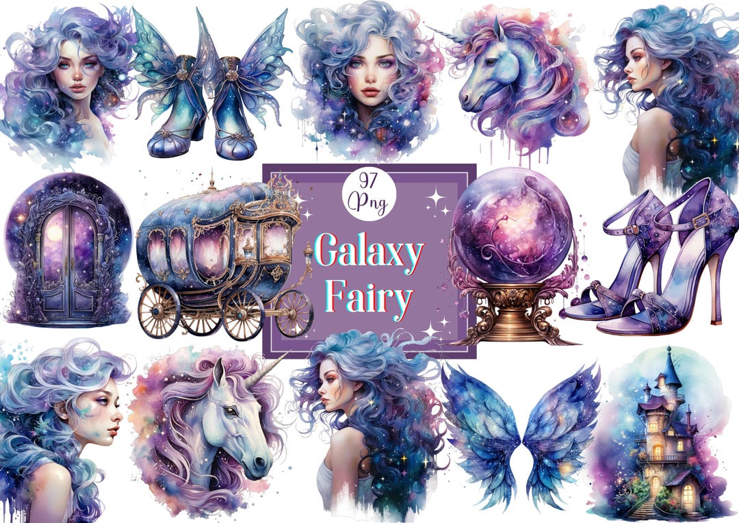 Watercolor Galaxy Fairy Clipart Bundle: Celestial PNG Stickers (digital ...