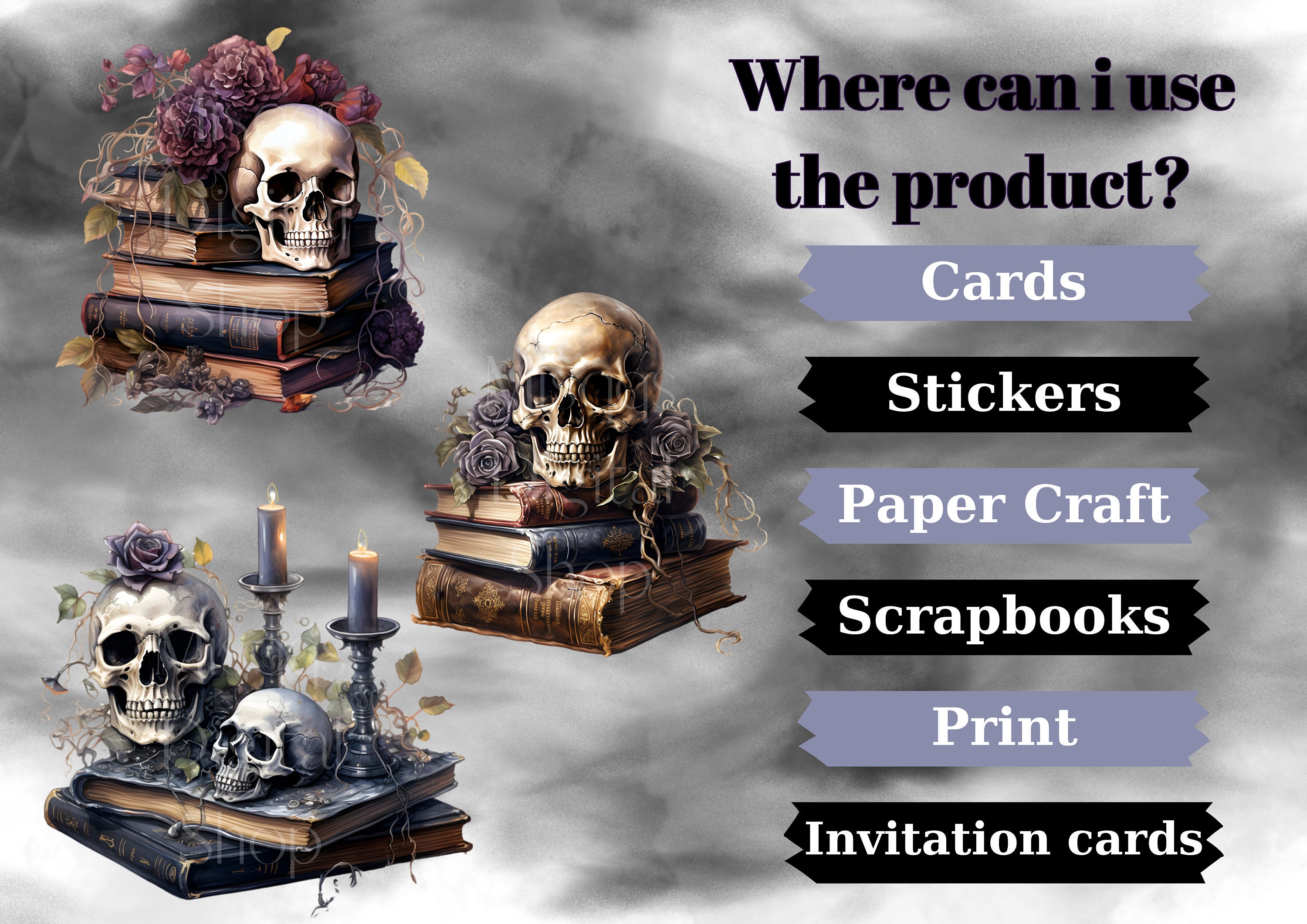 Watercolor Gothic Skull Library Clipart for Scrapbooks Mystical Clipart ...