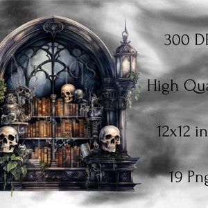 Watercolor Gothic Skull Library Clipart: Mystical Planner Stickers ...