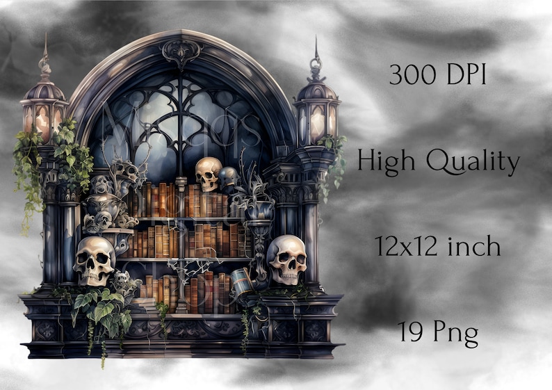 Watercolor Gothic Skull Library Clipart: Mystical Planner Stickers ...