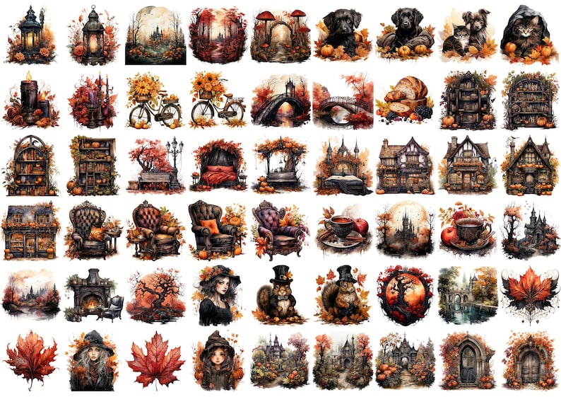 Gothic Fall Clipart Bundle: Watercolor Autumn Graphics (free Commercial ...