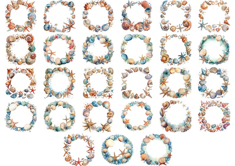 Watercolor Seashell Frame Clipart Bundle Summer Time Seashell ...