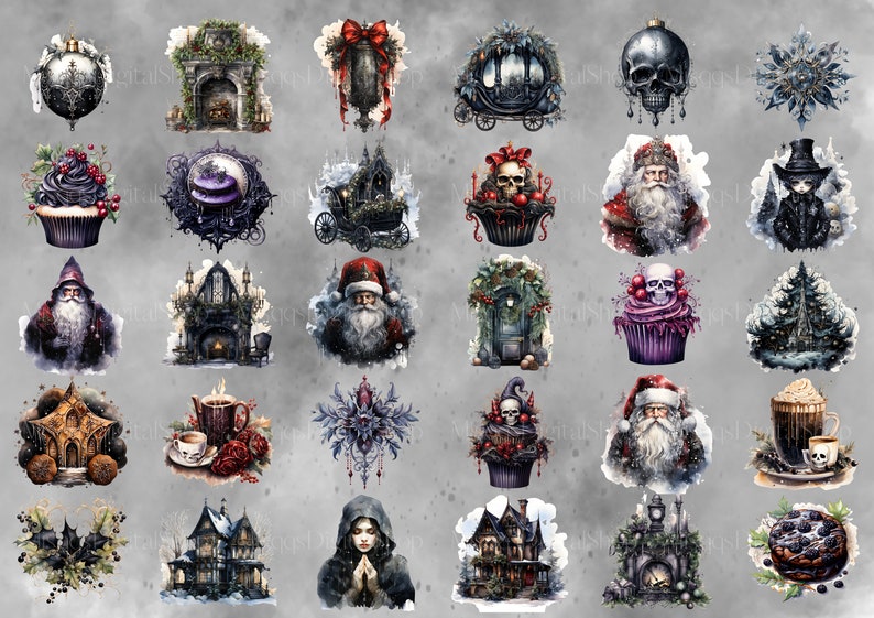 Gothic Christmas Watercolor Clipart Bundle: Creepy Horror PNG Stickers ...