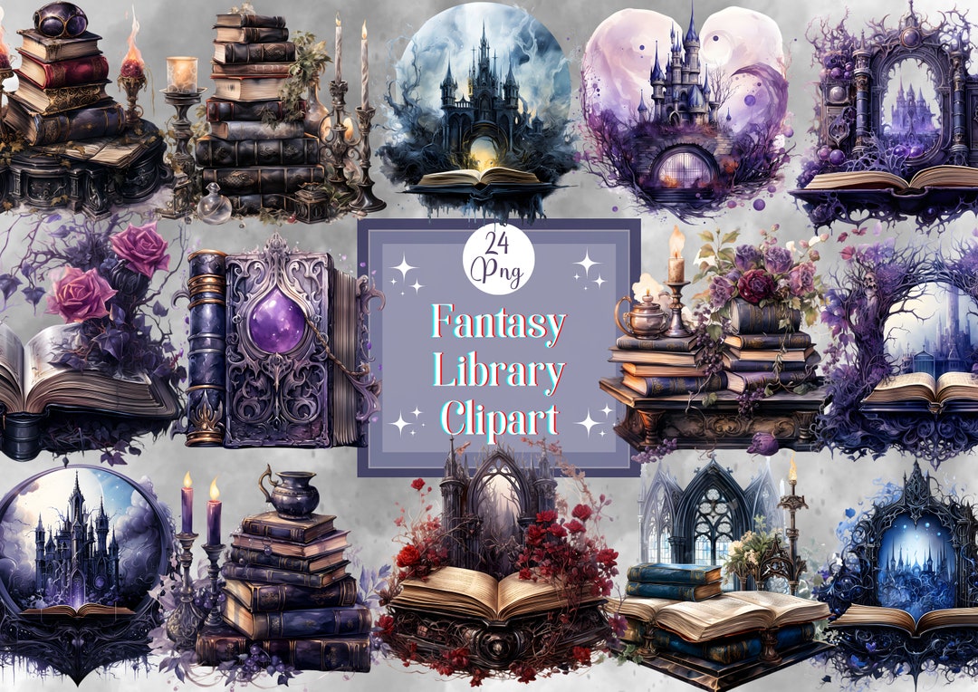 Watercolor Gothic Library Clipart: Fantasy Book Stickers (digital ...