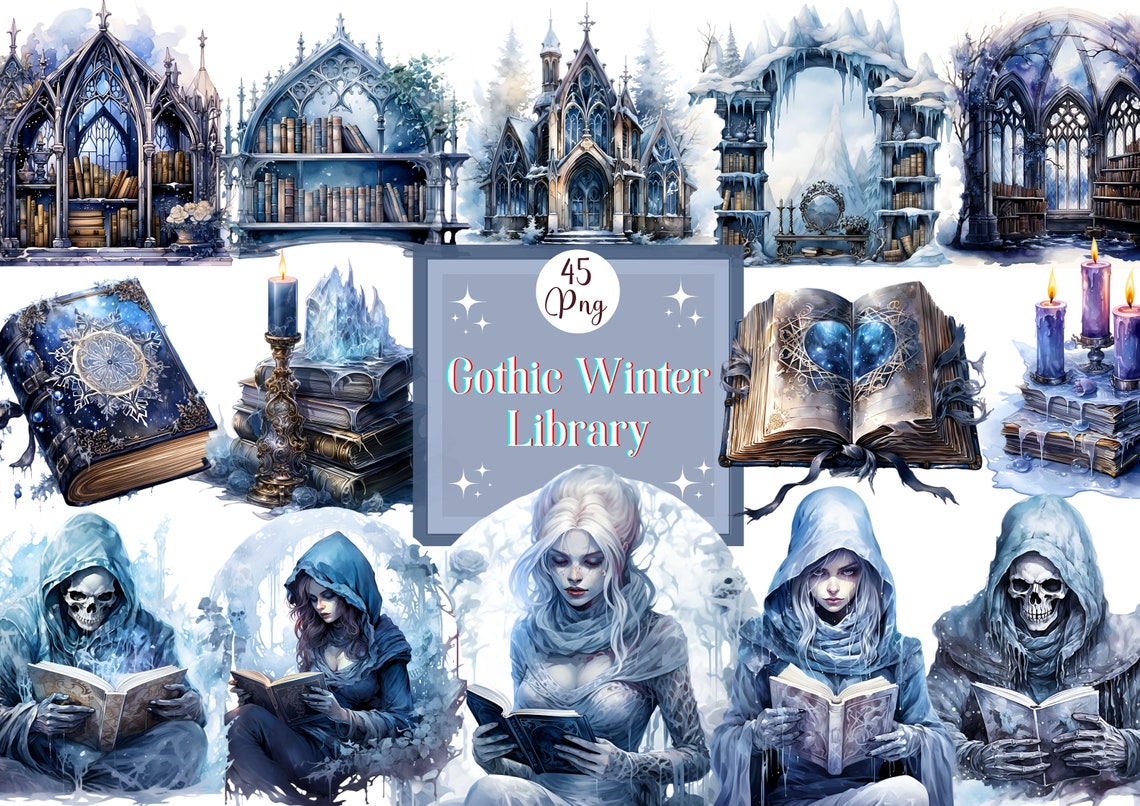 Winter Gothic Library Clipart Bundle Fantasy Artwork Bookworm Gothic ...