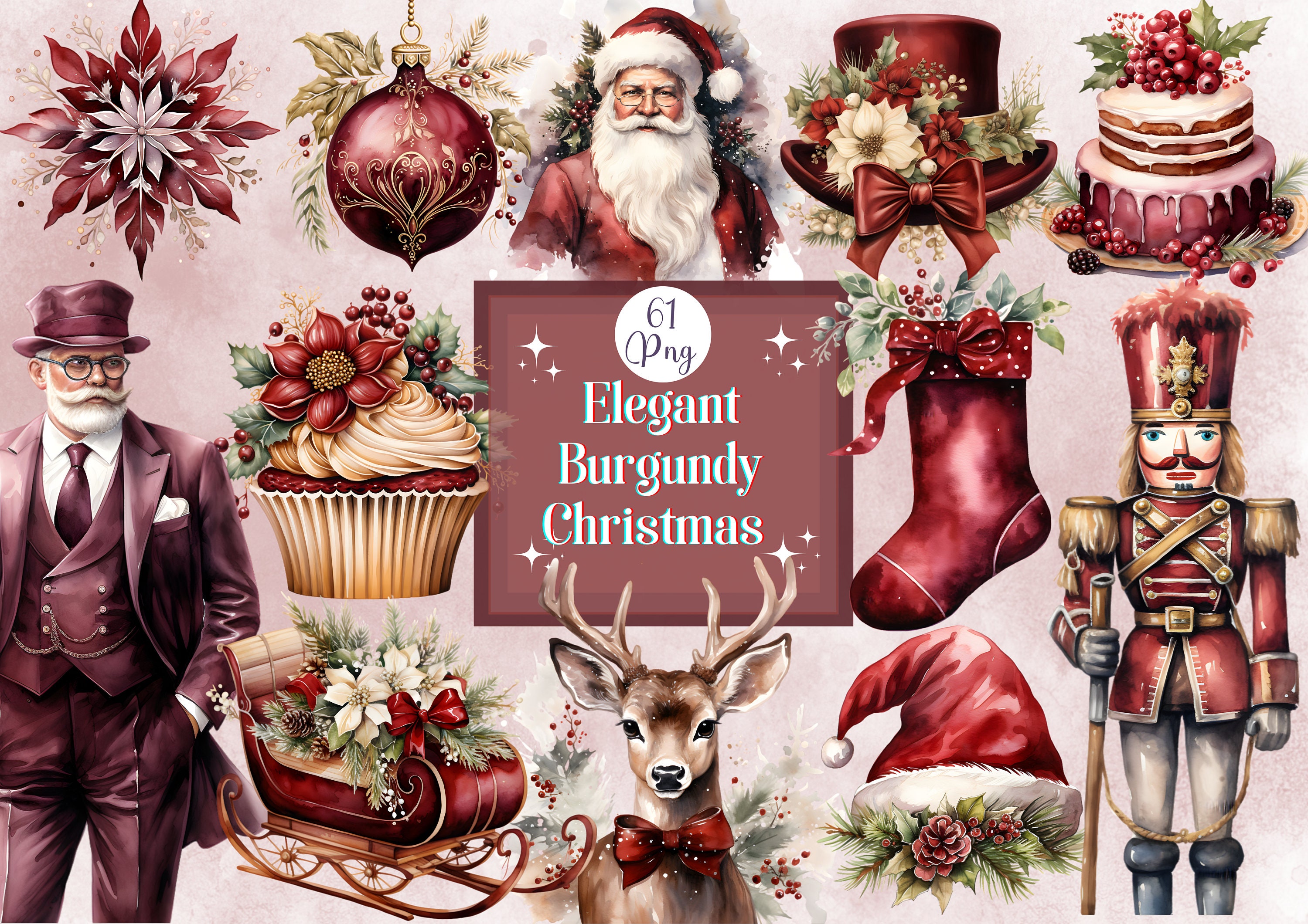 Watercolor Christmas Clipart Bundle: Elegant Burgundy Holiday Graphics ...