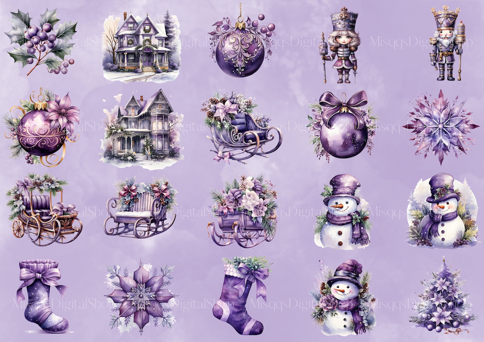 Watercolor Purple Christmas Clipart Bundle: Holiday Graphics (digital ...