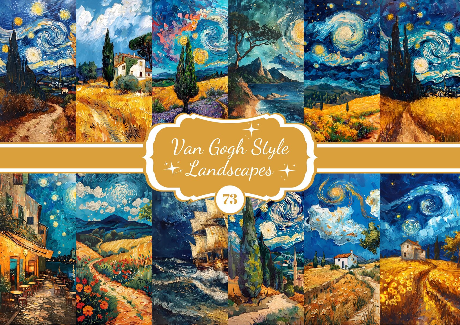 Printable Van Gogh Style Landscapes Digital Papers Starry Night Van ...