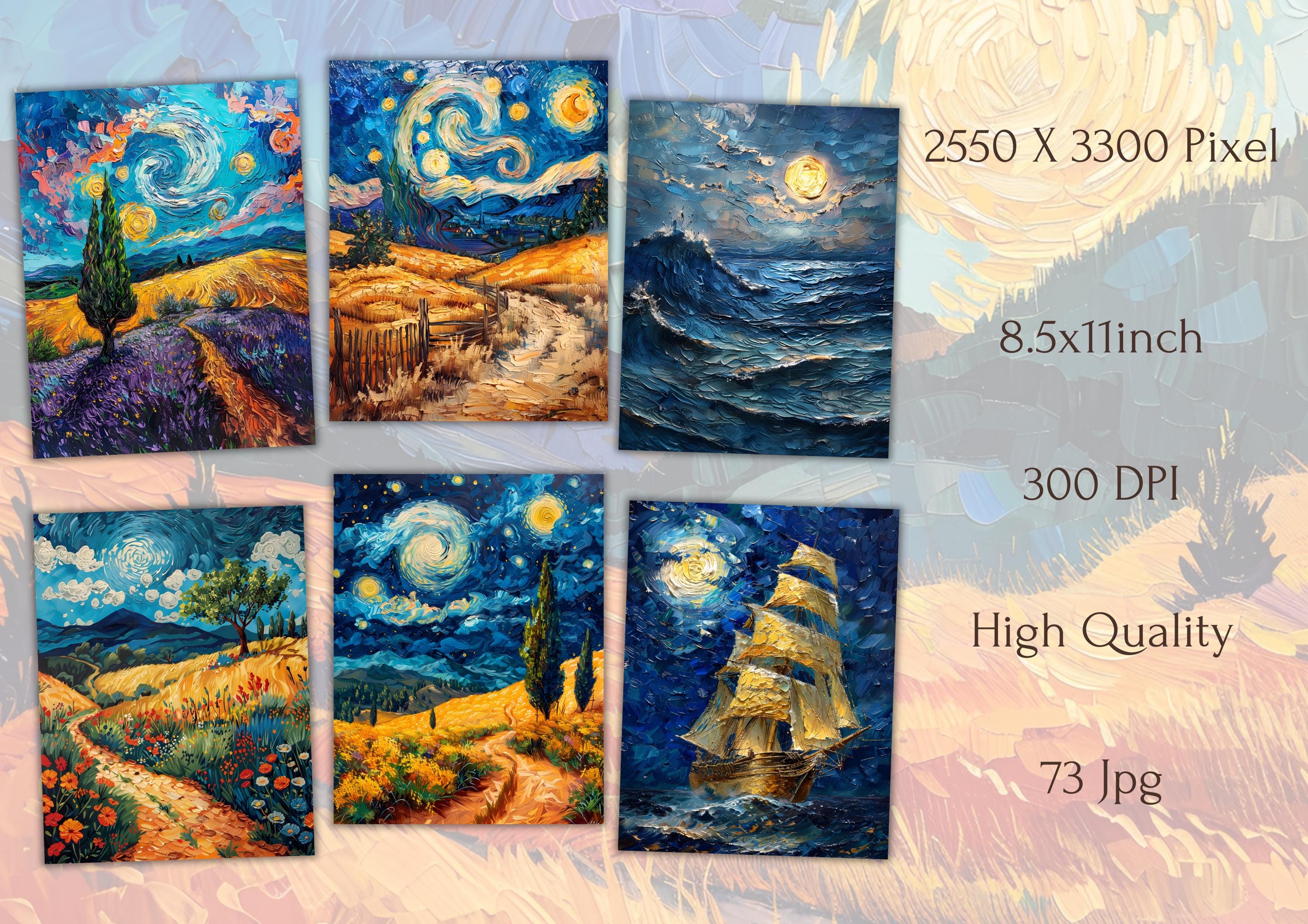 Printable Van Gogh Style Landscapes Digital Papers Starry Night Van ...