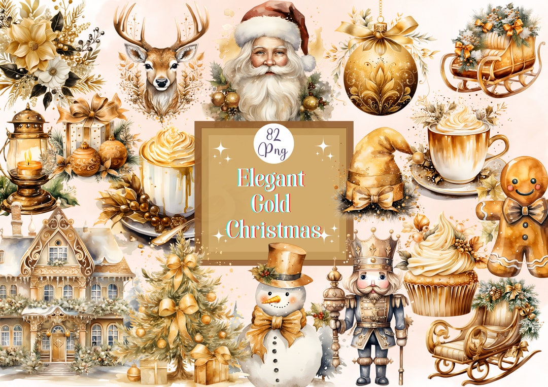 Watercolor Gold Christmas Clipart Bundle: Holiday Graphics (digital ...