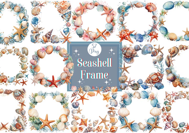 Watercolor Seashell Frame Clipart Bundle Summer Time Seashell ...