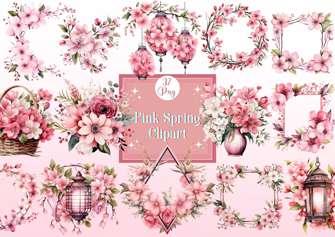 Pink Spring Floral PNG Bundle: Watercolor Flower Graphics (digital ...