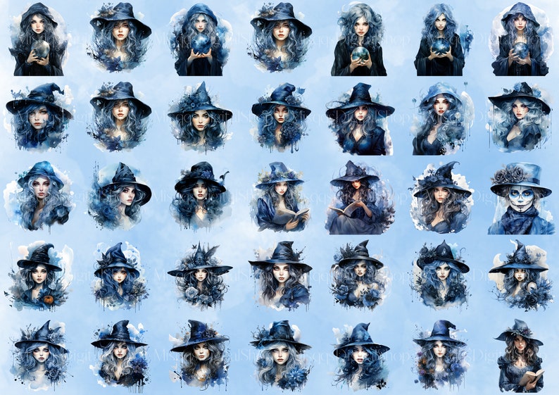 Watercolor Blue Witch Clipart Bundle for Digital Planner Stickers ...