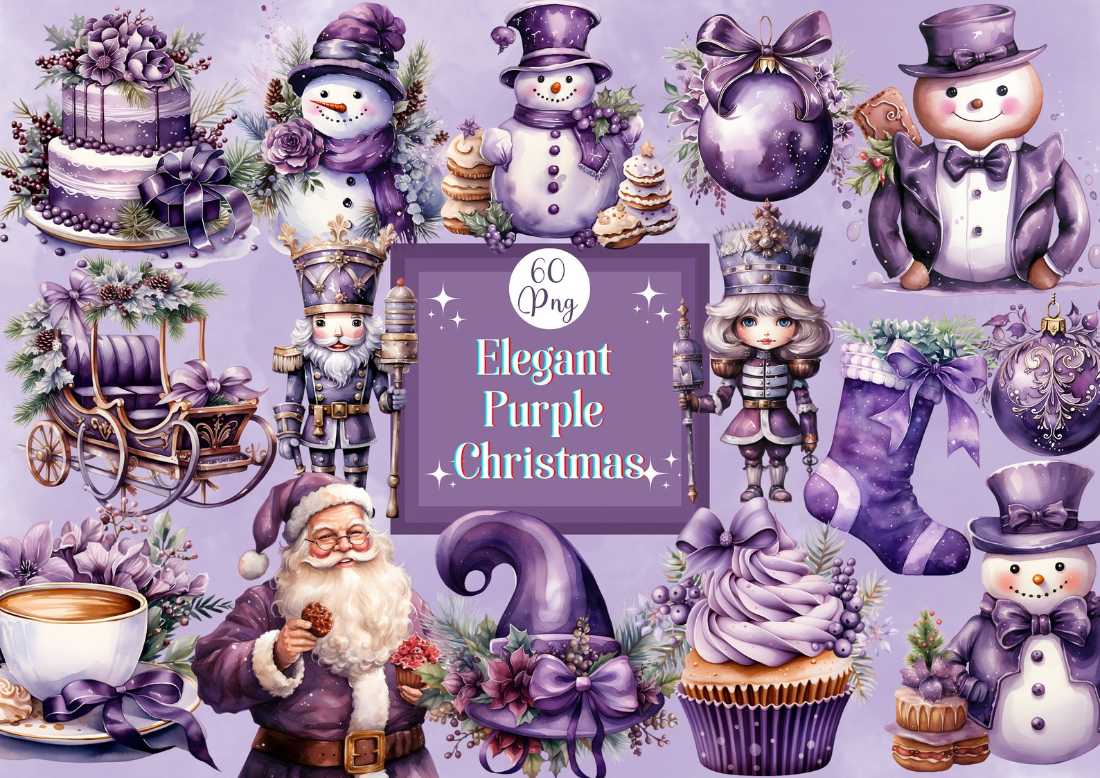 Watercolor Purple Christmas Clipart Bundle: Holiday Graphics (digital ...