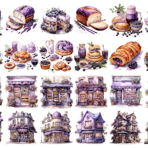 Watercolor Purple Bakery Shop Clipart Bundle Purple Sweet Treat ...