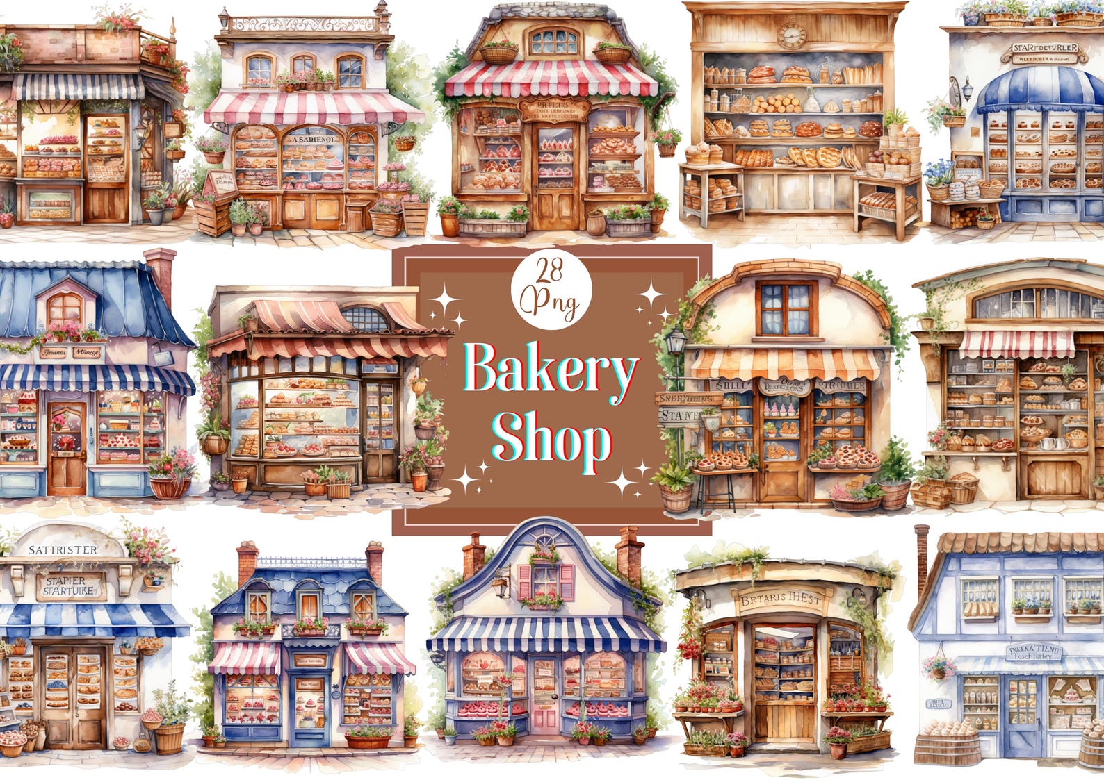 Watercolor Bakery Shop Clipart Bundle Pastry Shop Illustration Cute ...