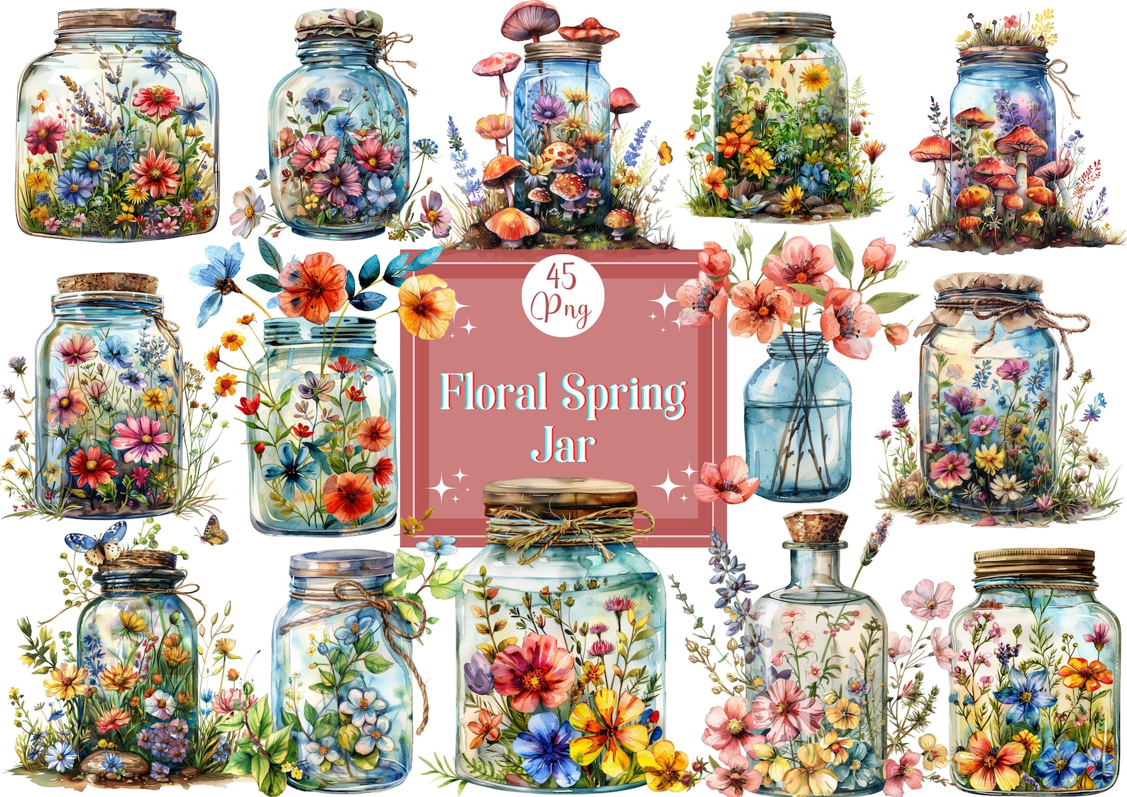 Spring Watercolor Spring Mason Jar Clipart Bundle Farm House Decor Cozy ...