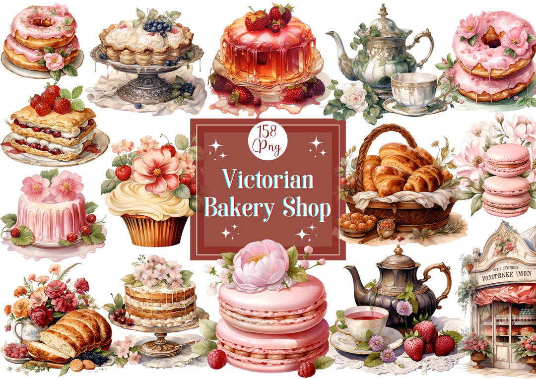 Victorian Bakery Shop Clipart Mega Bundle Vintage Bakery Products ...