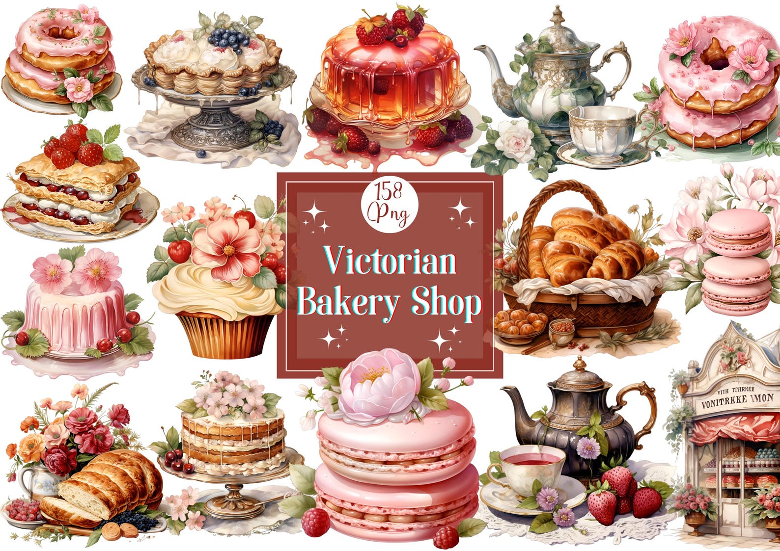 Victorian Bakery Shop Clipart Mega Bundle Vintage Bakery Products ...