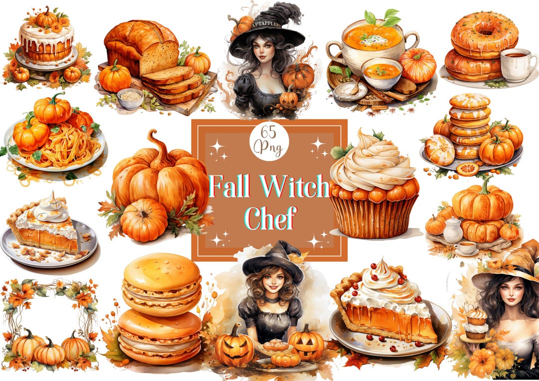 Fall Witch Chef Clipart Bundle – 65 PNG Halloween Kitchen Graphics ...