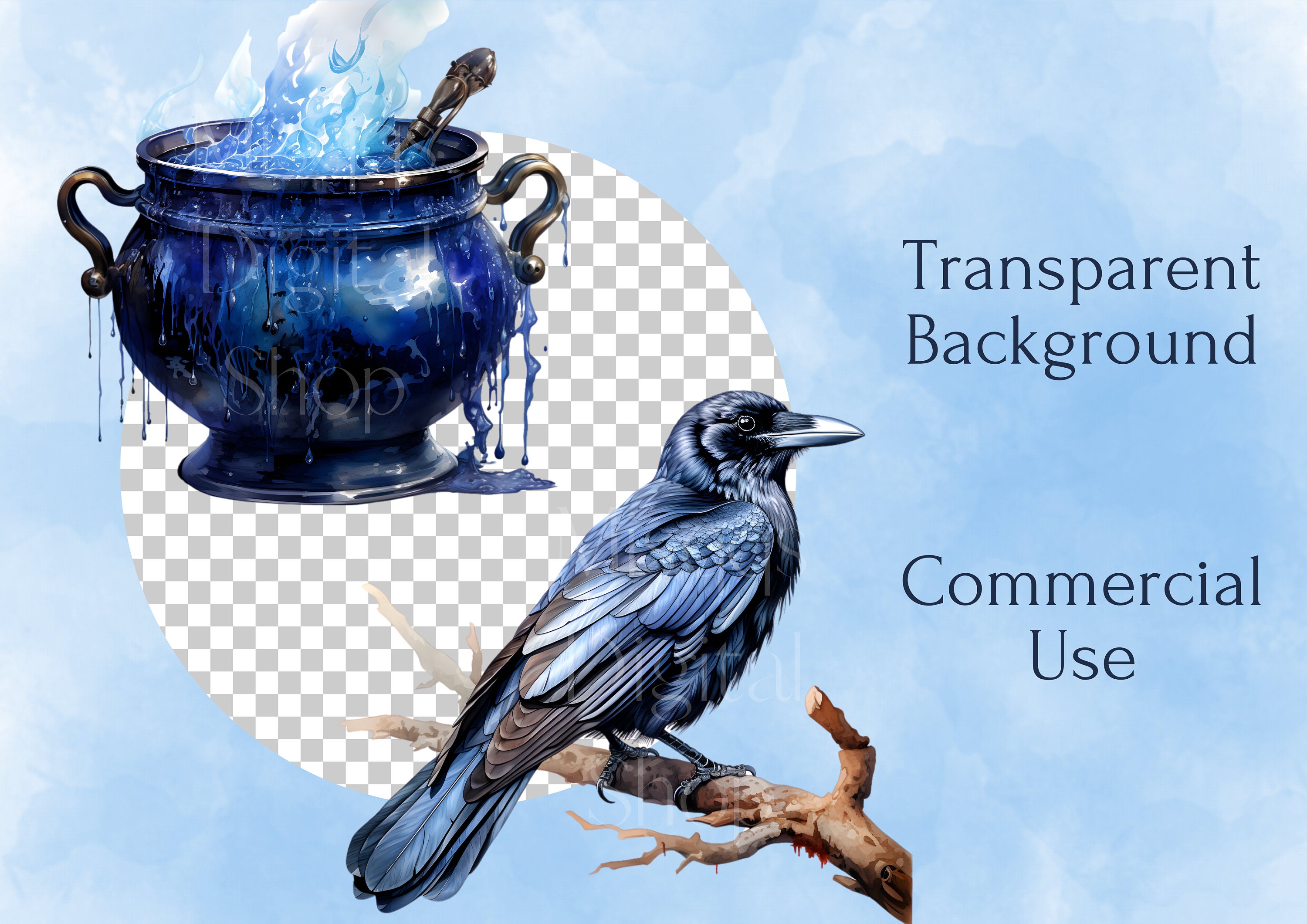 Watercolor Blue Witch Clipart Bundle for Digital Planner Stickers ...