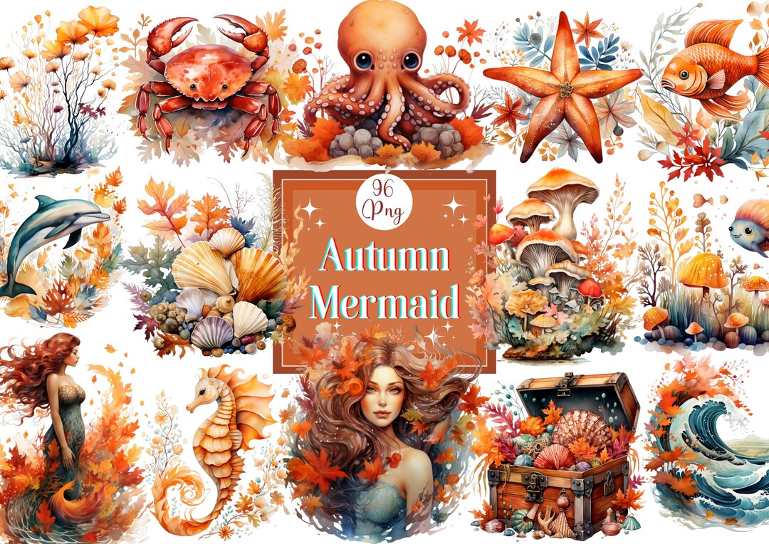 Watercolor Autumn Mermaid Clipart Bundle Underwater Scene Children ...