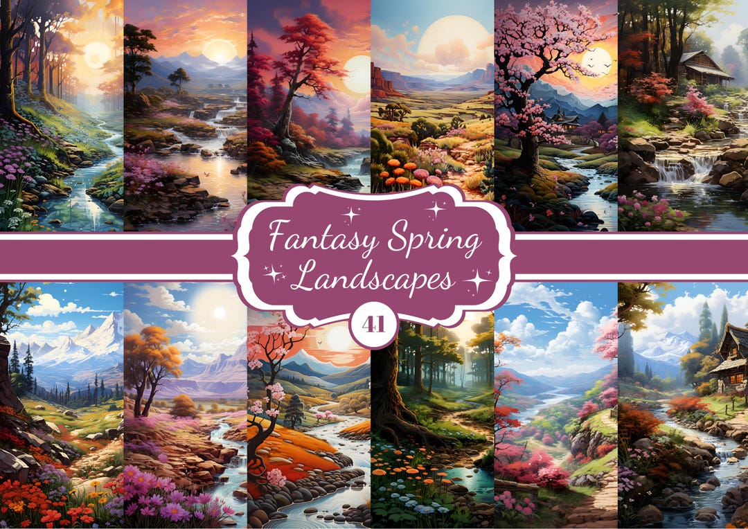 Fantasy Spring Landscape Digital Paper: Enchanted Forest Art (digital ...