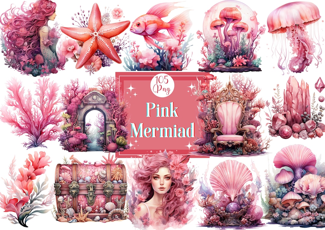 Pink Mermaid Clipart Set: Under the Sea Fantasy PNG (digital Download ...
