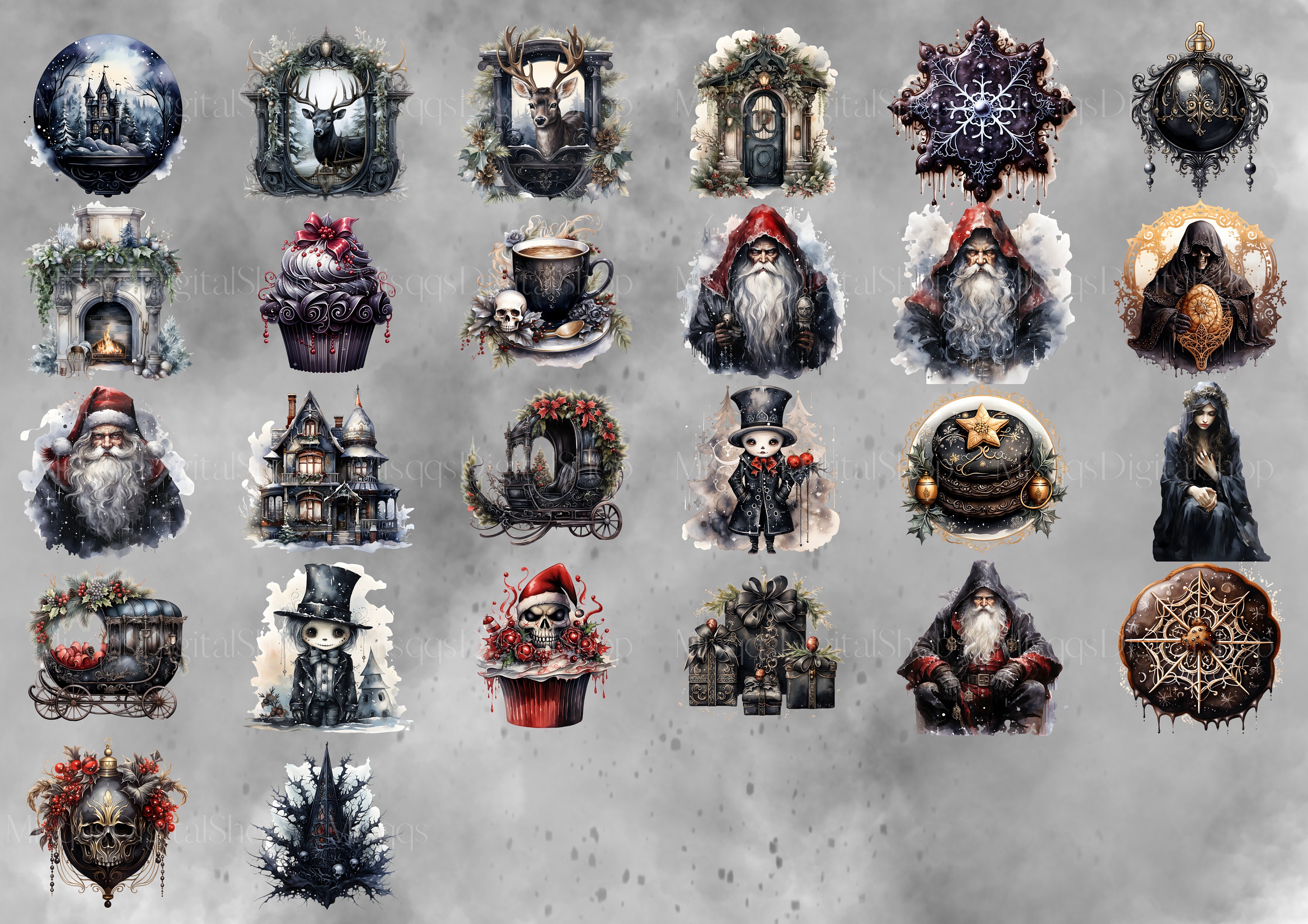 Gothic Christmas Watercolor Clipart Bundle: Creepy Horror PNG Stickers ...